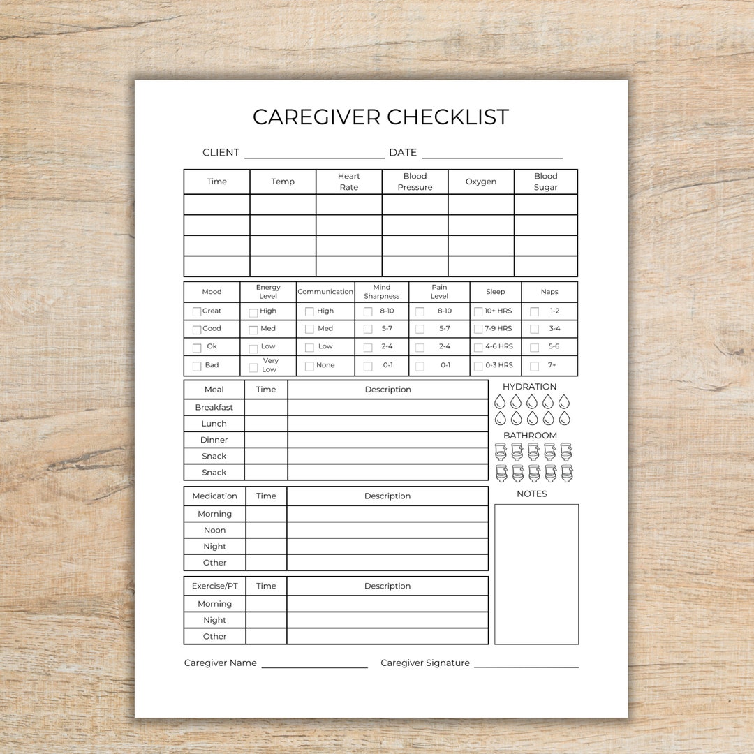 Editable Caregiver Checklist, Caregiver Daily Log, Caregiver Printable ...