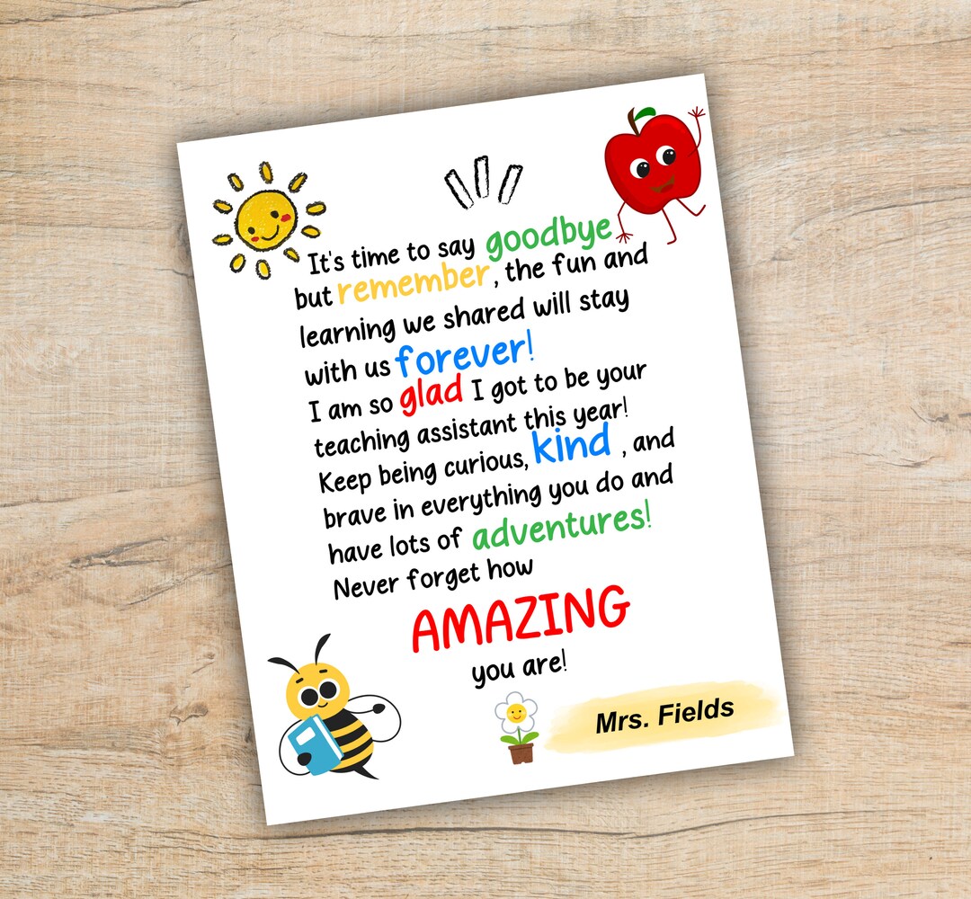 Carta de fin de año escolar imprimible para asistentes de maestros ...