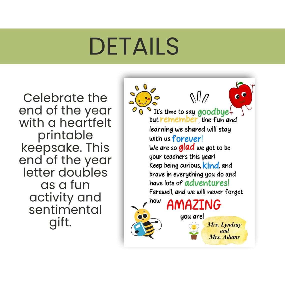 End of School Year Letter Printable for Teachers | Goodbye Student Gift ...