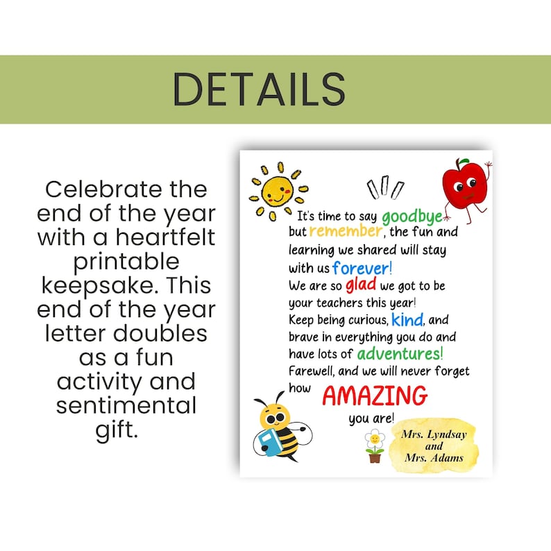 End of School Year Letter Printable for Teachers | Goodbye Student Gift ...