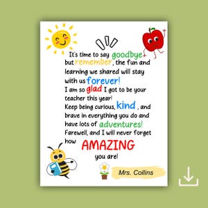 End of Year Student Letter & Poem: Teacher Goodbye Gift for Last Day of ...