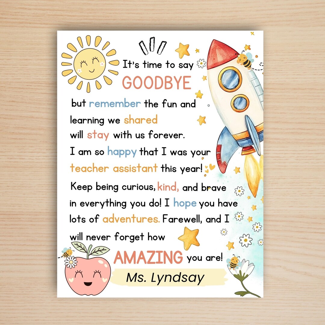 Teacher Assistant Goodbye Letter: End of School Year Gift, Fillable PDF ...