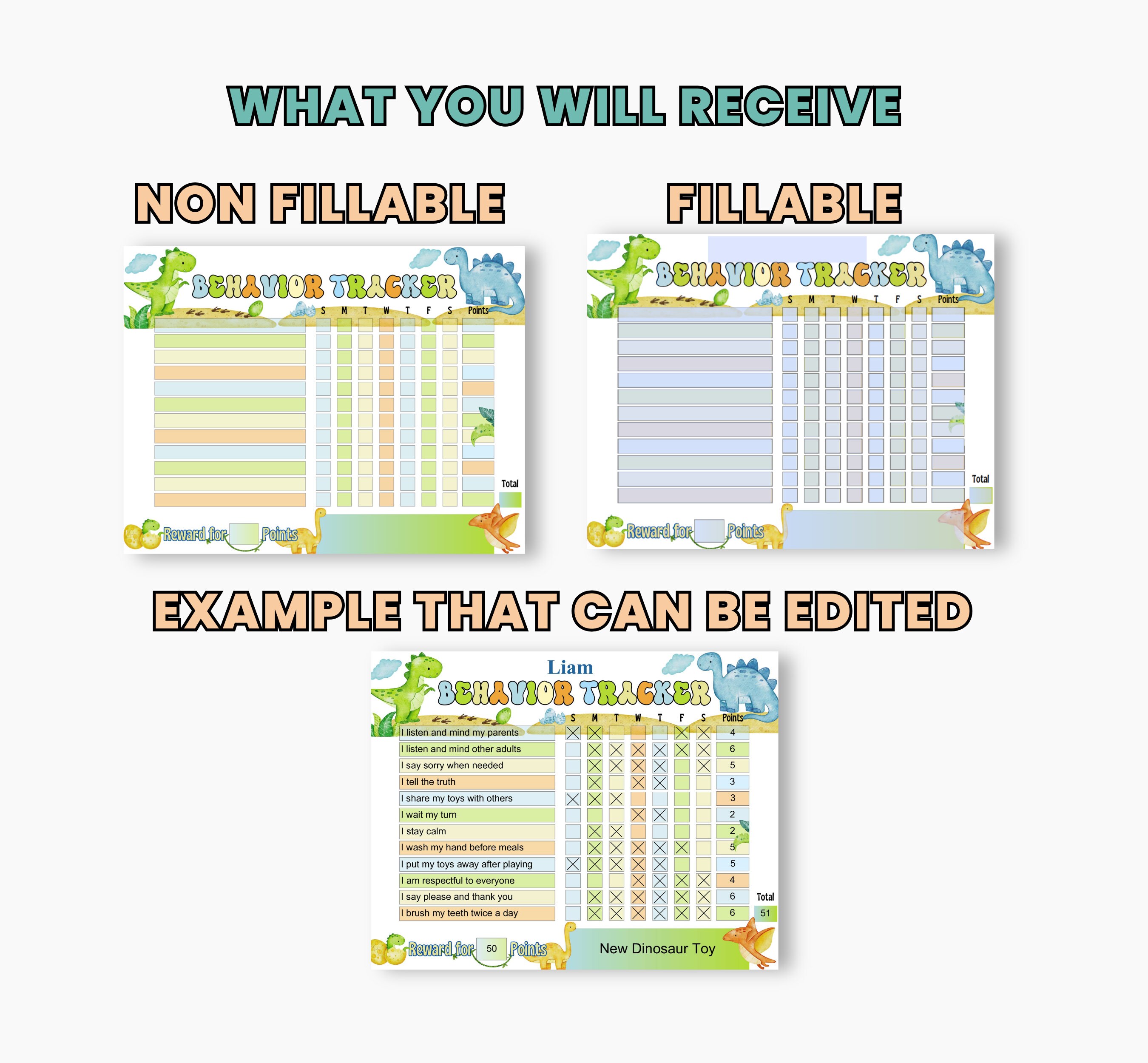 Editable Dinosaur Behavior Chart and Chore Tracker Printable PDF, Fun ...