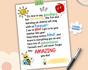 Editable End of School Year Card , Goodbye Card to Student, Elementary ...