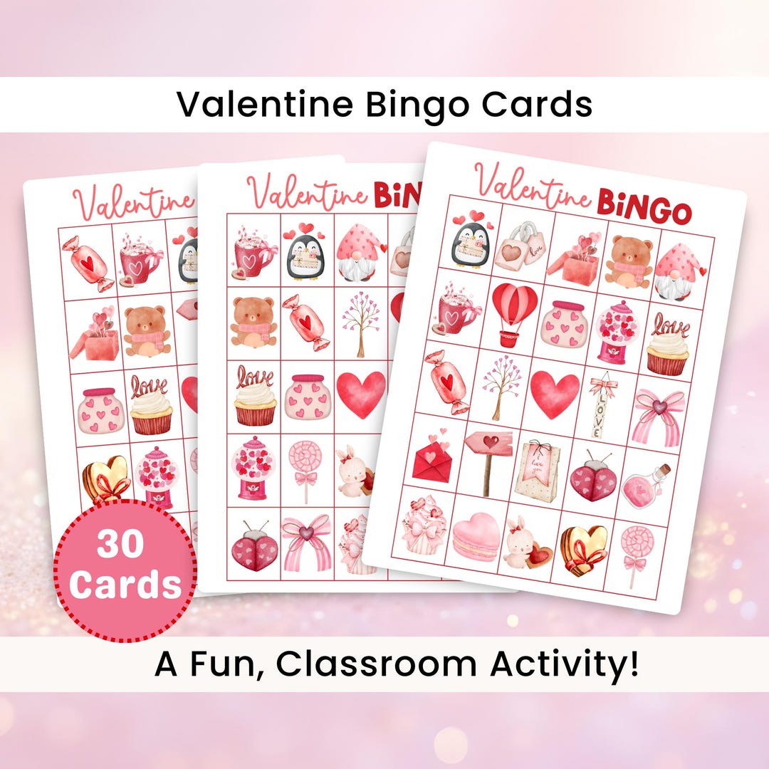 Valentines Day Bingo Cards Printable, Classroom Activity, Valentine ...