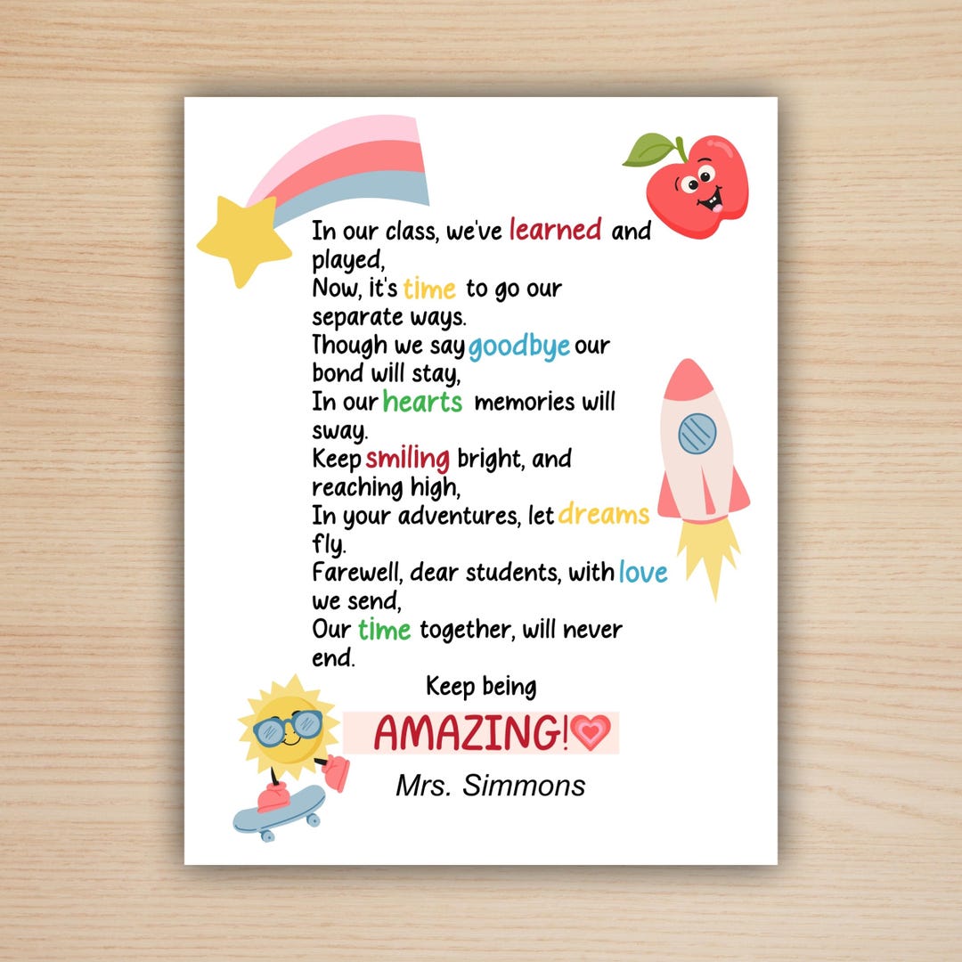 End of Year Poem: Teacher to Student Goodbye Letter for Last Day of ...