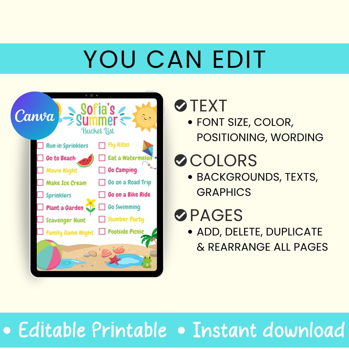 Editable Summer Bucket List Printable, Personalized Summer Activity ...