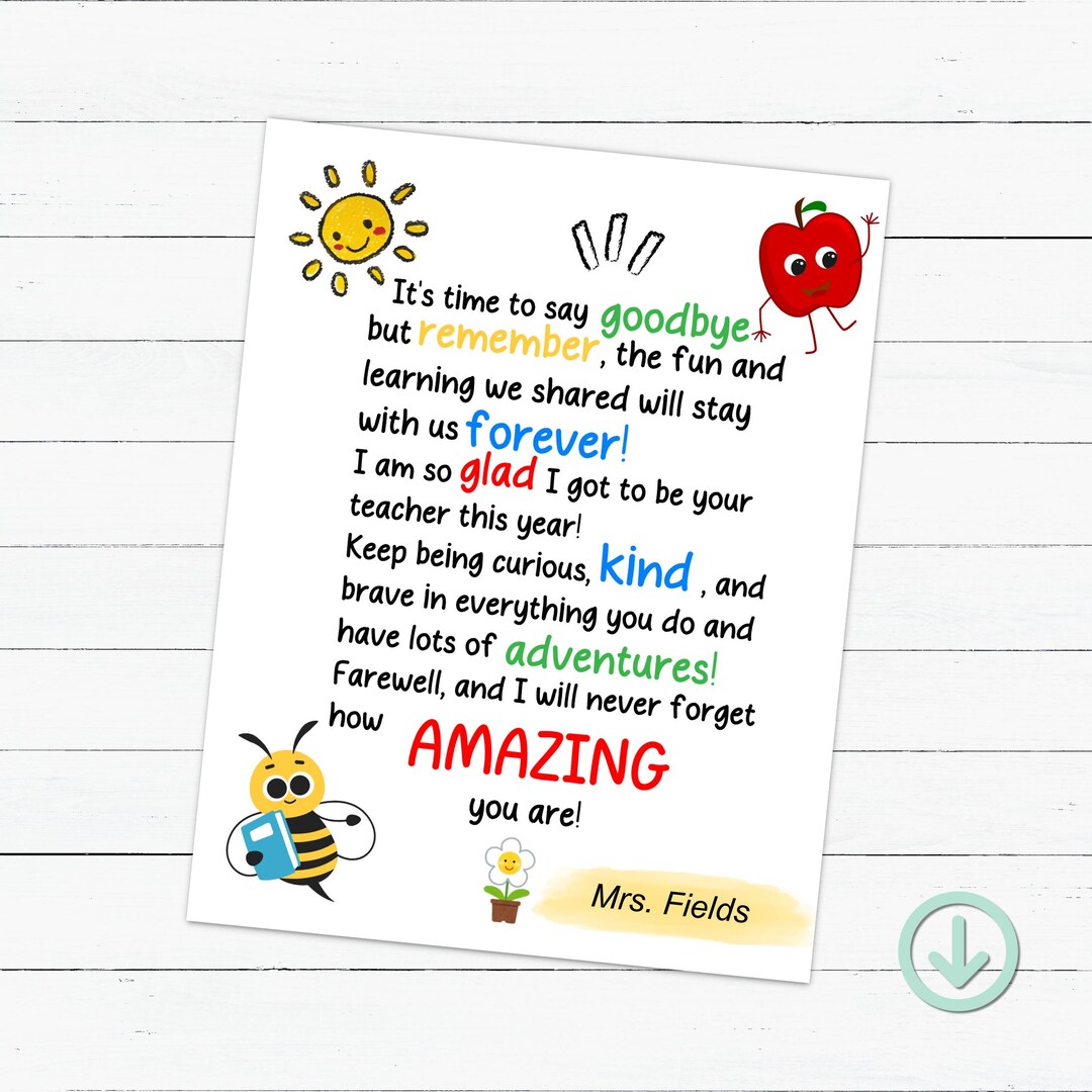 End of School Year Letter Printable, Goodbye Letter to Student ...