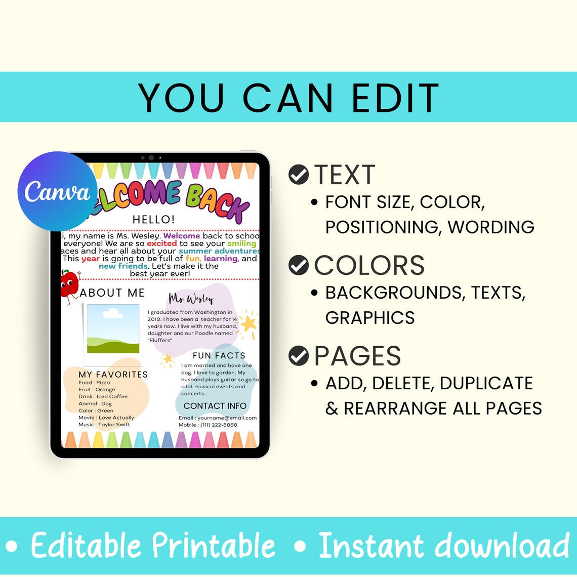 Editable Meet the Teacher Template, Newsletter Template Canva, All ...