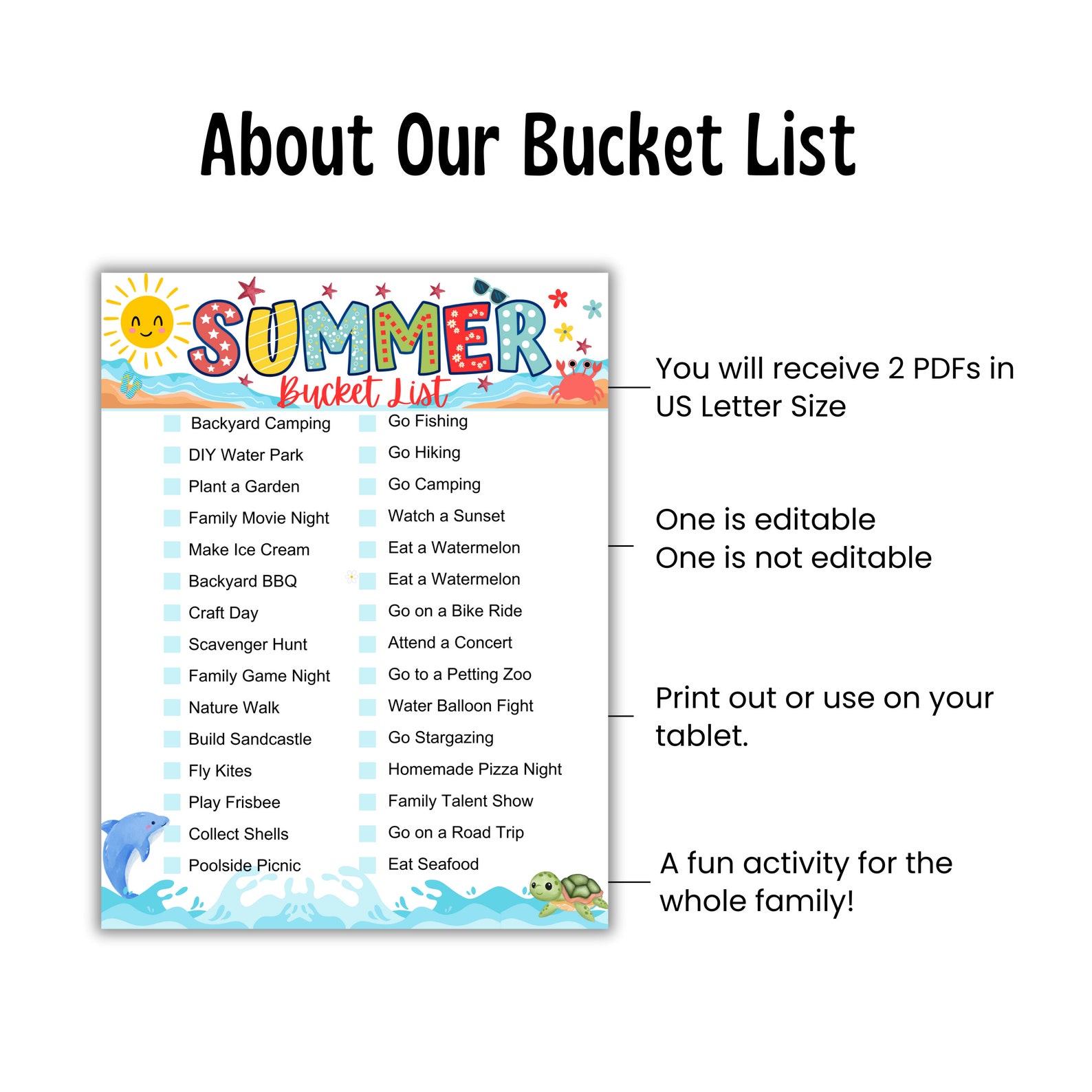 Editable Summer Bucket List Printable, Summer Activities for Kids and ...