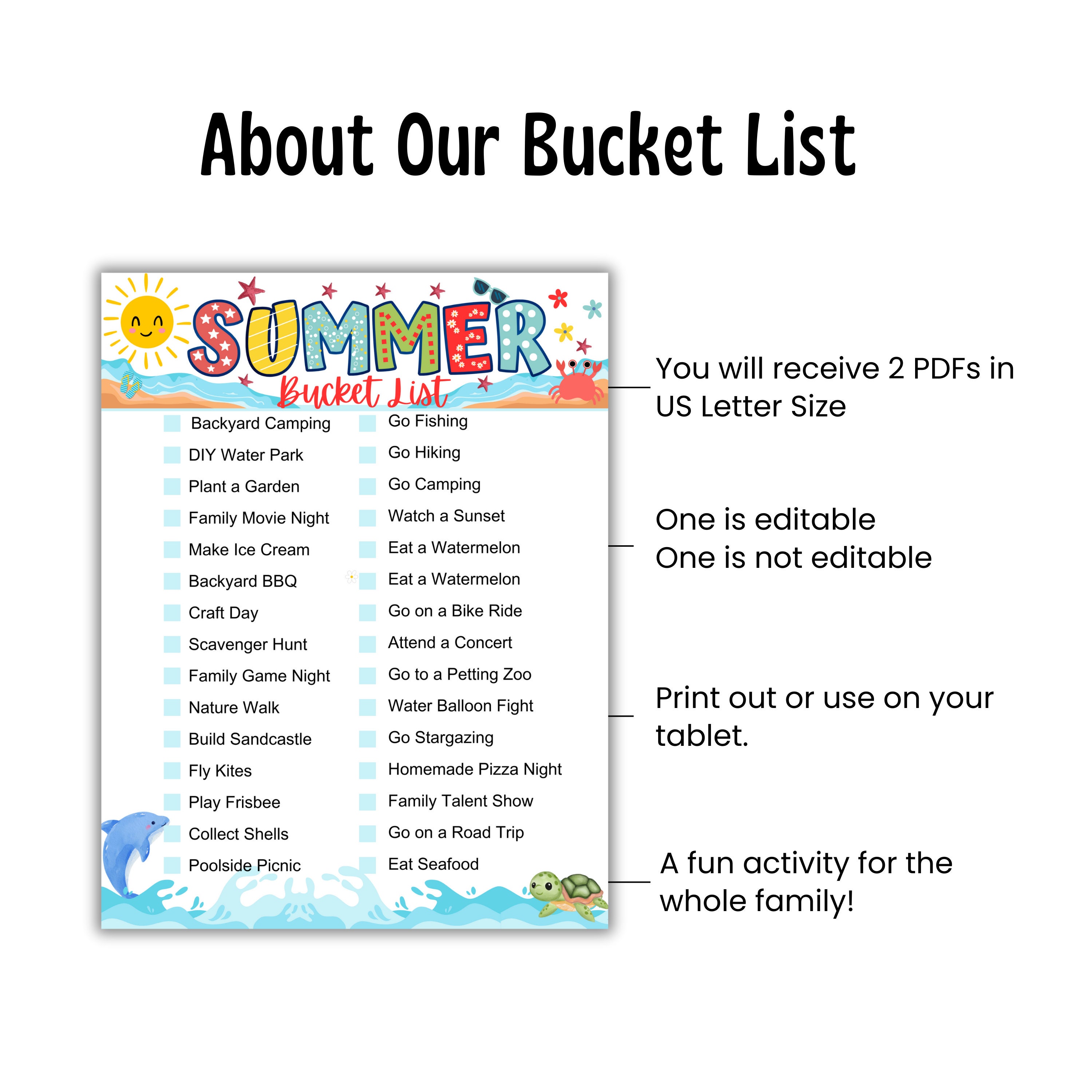 Editable Summer Bucket List Printable, Summer Activities for Kids and ...