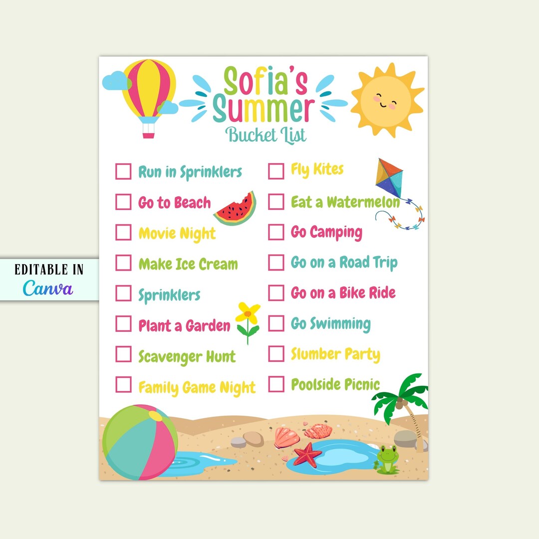 Editable Summer Bucket List Printable, Personalized Summer Activity ...