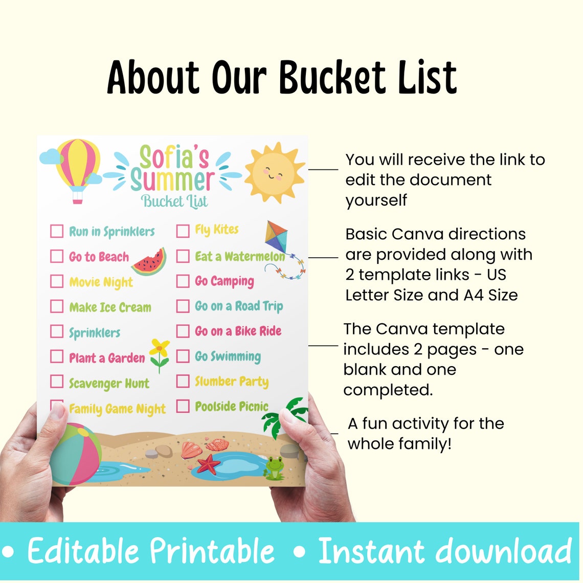 Editable Summer Bucket List Printable, Personalized Summer Activity ...