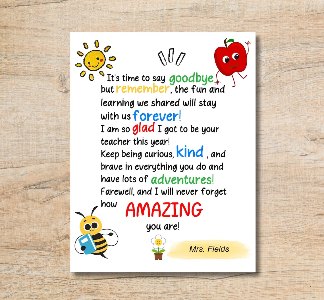 End of School Year Letter Printable, Goodbye Letter to Student ...