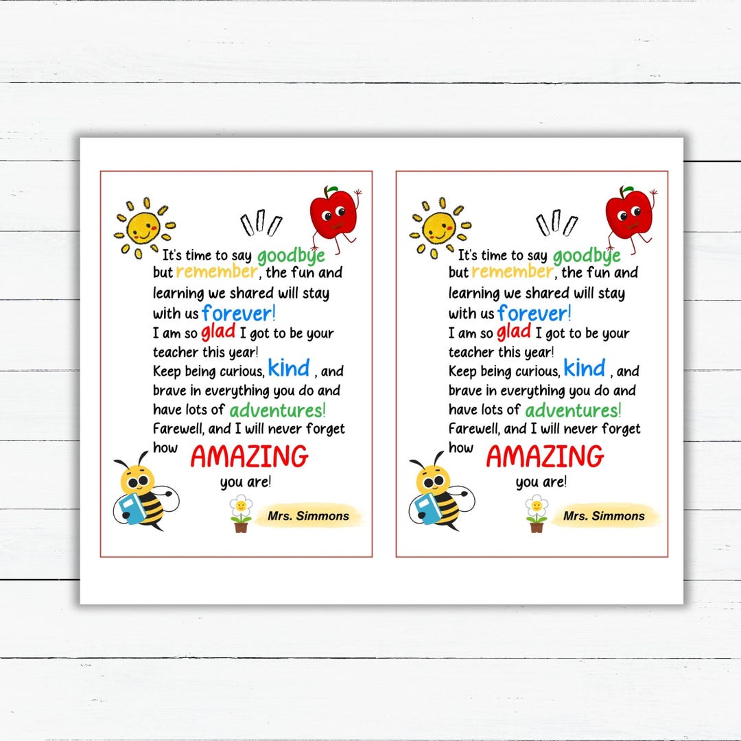 End of School Year Letter Printable, Goodbye Letter to Student 5x7 ...
