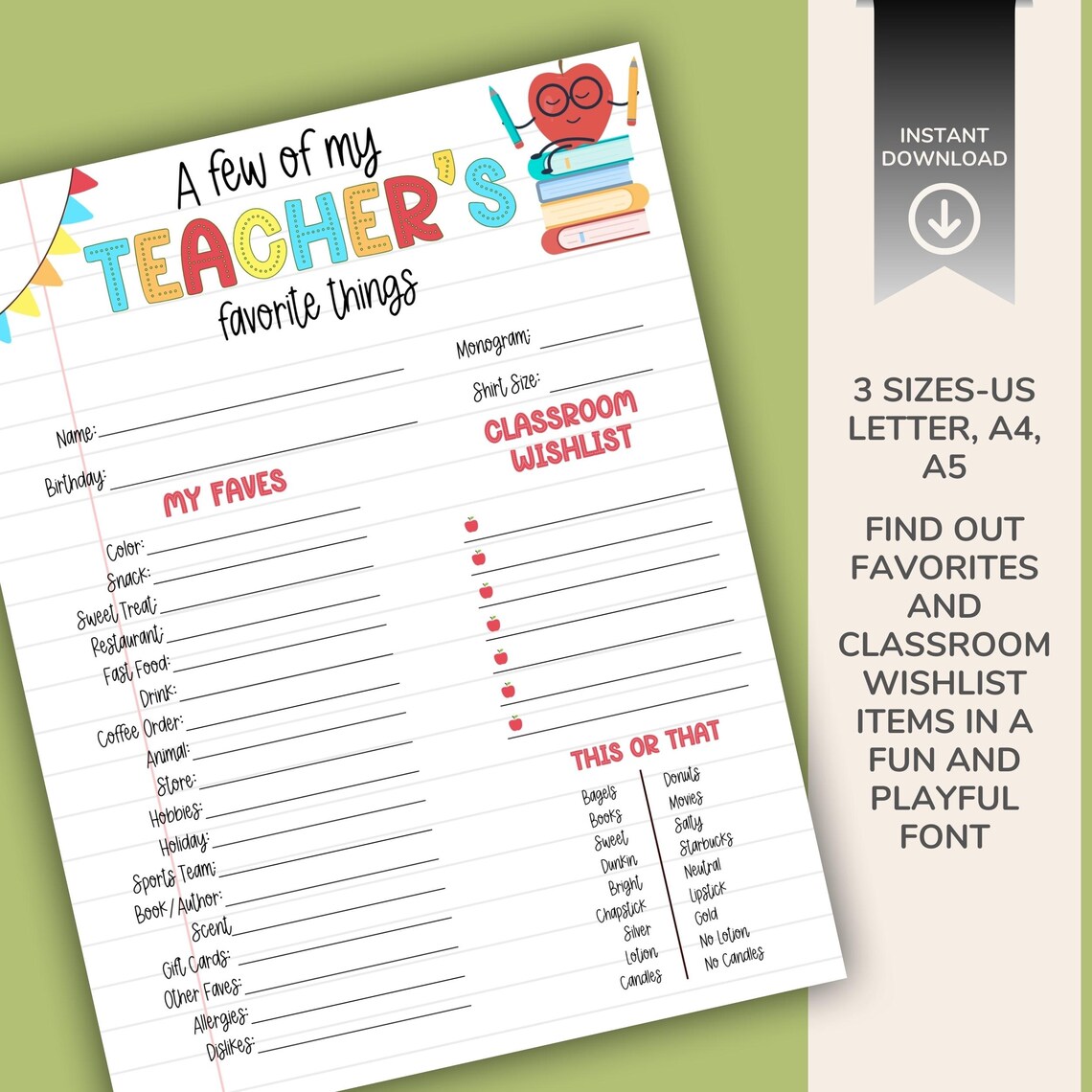 Get to Know Your Teacher, Favorite Things List, All About Me, Teacher ...