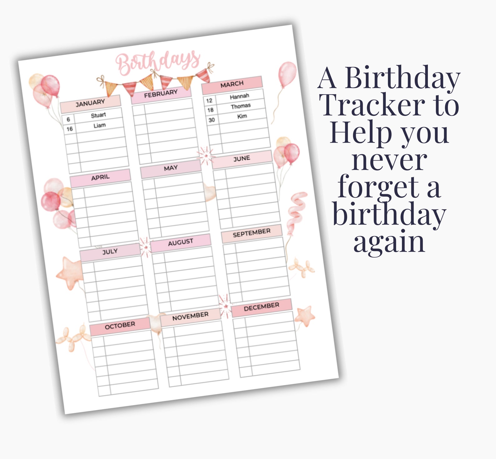 Printable Birthday Calendar, Editable Birthday Tracker, Birthday ...