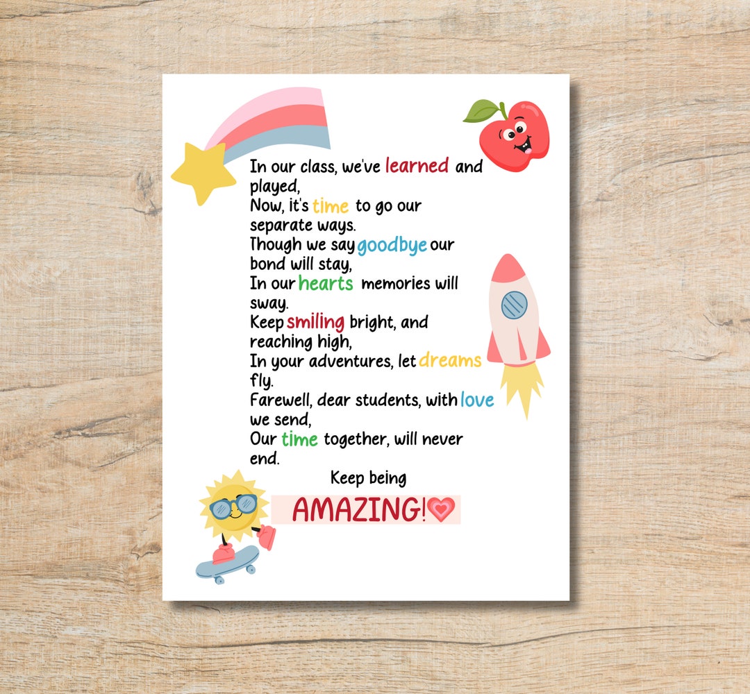 Goodbye Poem to Students, End of School Year Letter Printable ...