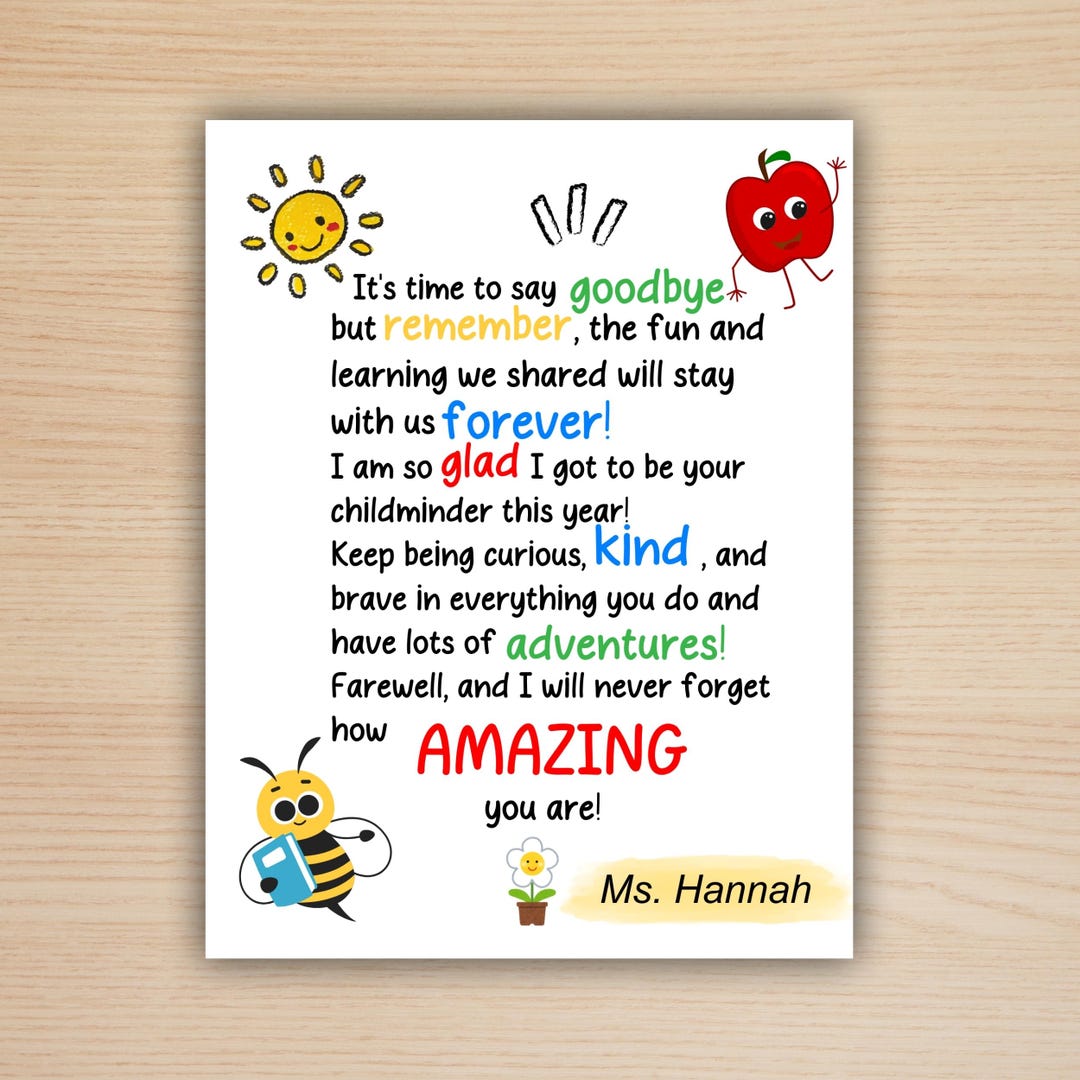 Childminder End of School Year, Goodbye Letter Printable for Last Day ...