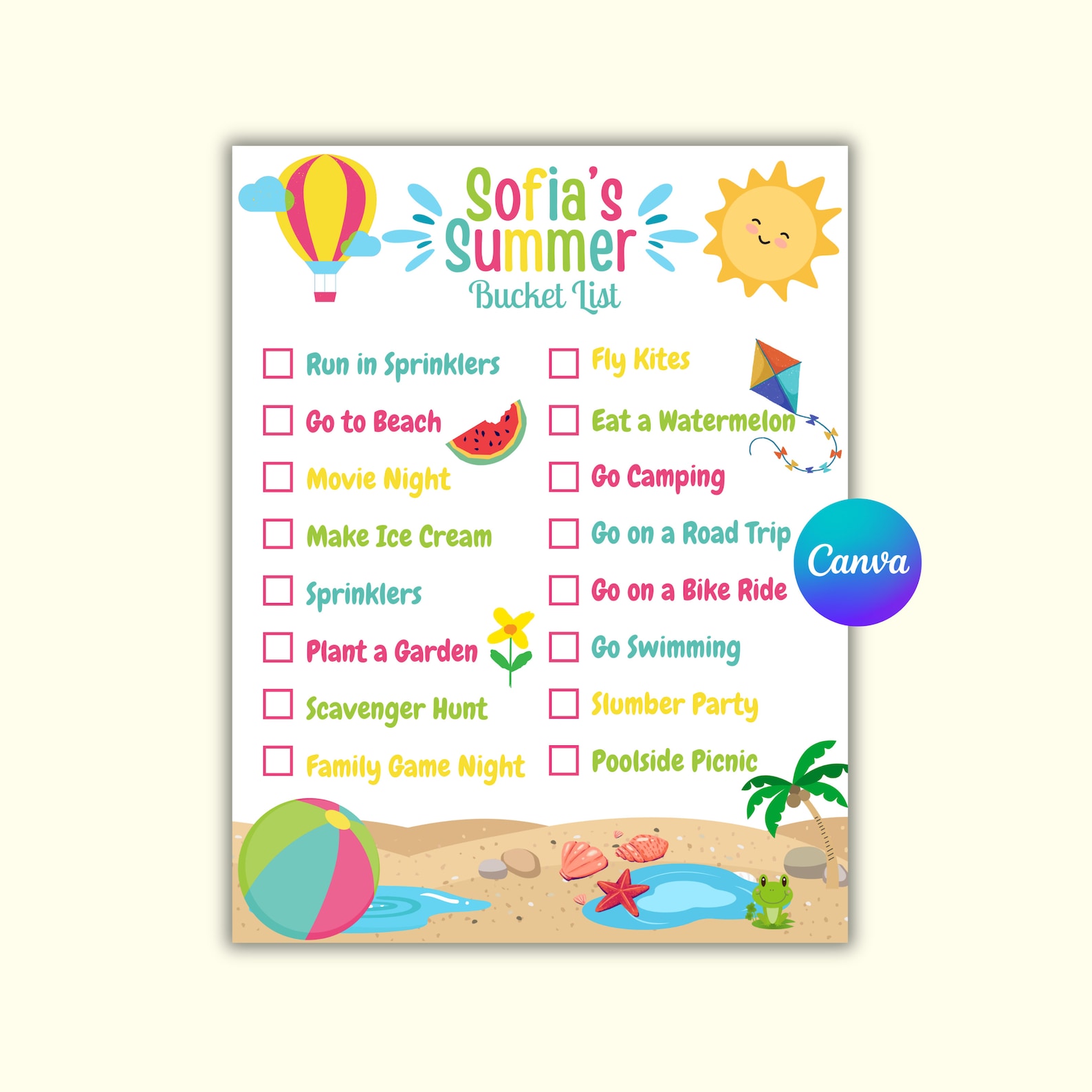 Editable Summer Bucket List Printable, Personalized Summer Activity ...