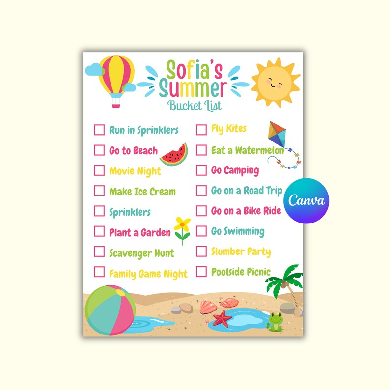 Editable Summer Bucket List Printable, Personalized Summer Activity ...