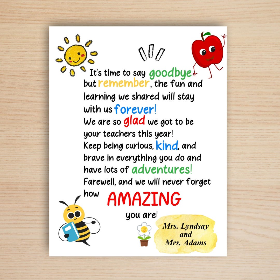 End of School Year Letter Printable for Teachers | Goodbye Student Gift ...