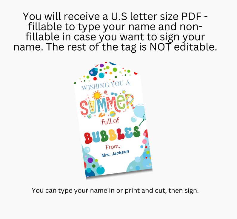 Fillable End of School Bubble Gift Tags Printable Summer Vacation End ...
