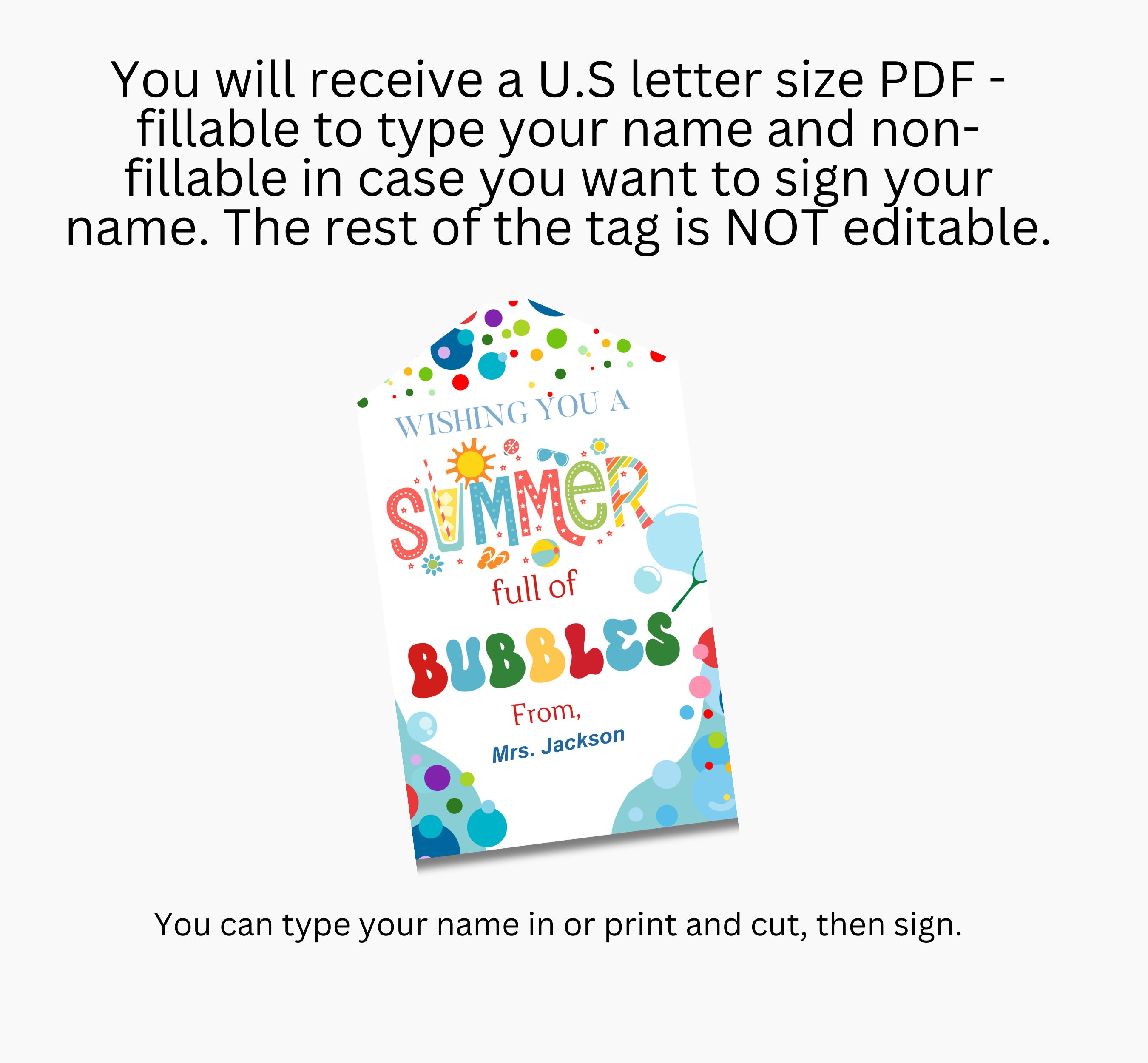 Fillable End of School Bubble Gift Tags Printable Summer Vacation End ...