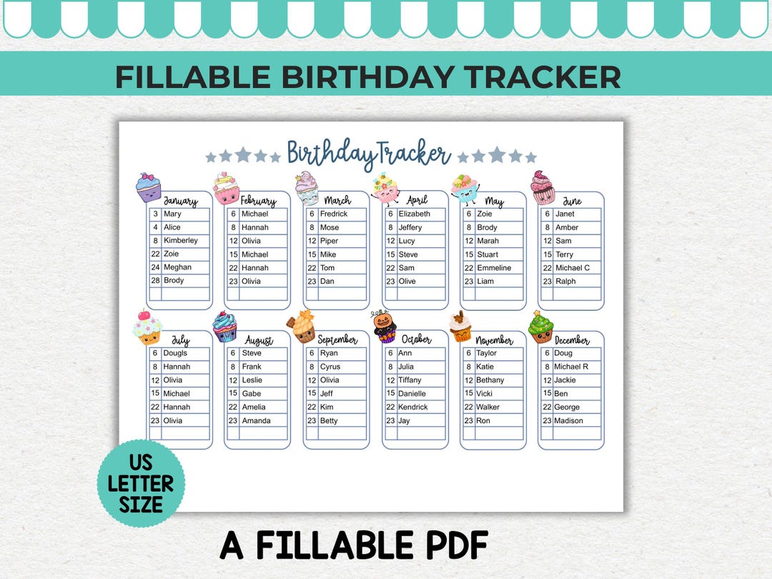 Printable Birthday Calendar, Editable Birthday Tracker, Kawaii Birthday ...