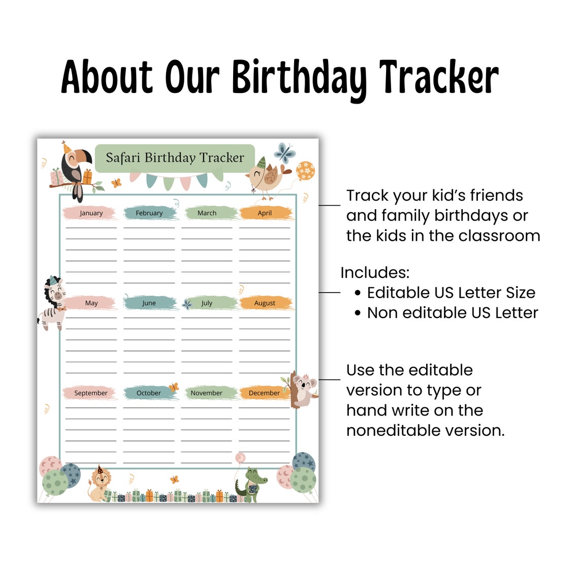 Editable Birthday Tracker for Kids, Birthday Planner Printable Calendar ...