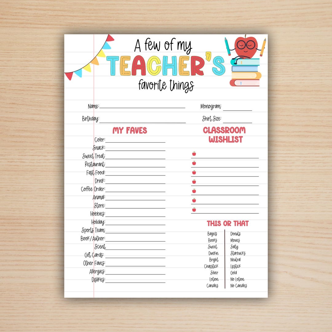 Get to Know Your Teacher, Favorite Things List, All About Me, Teacher ...
