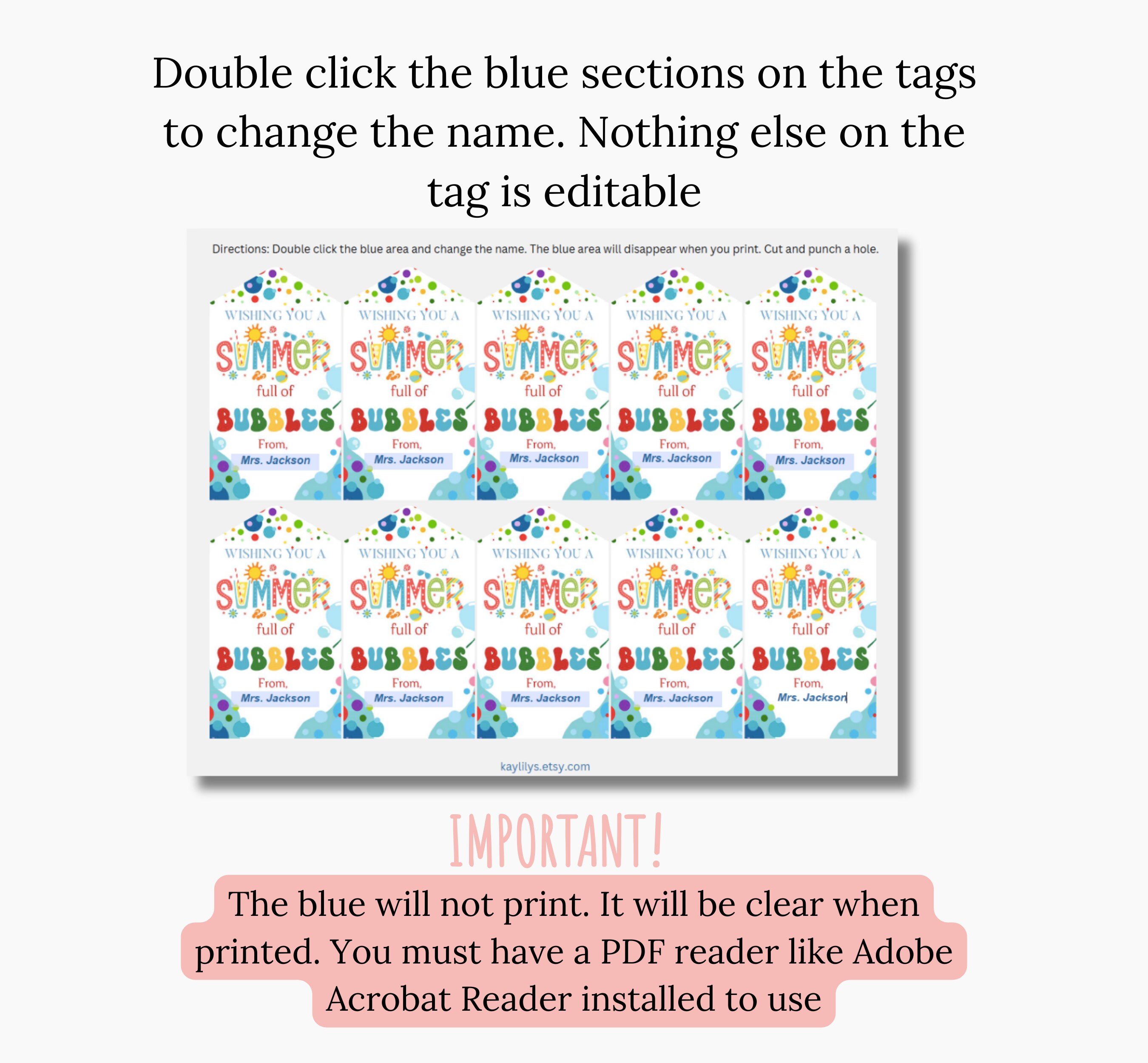 Fillable End of School Bubble Gift Tags Printable Summer Vacation End ...