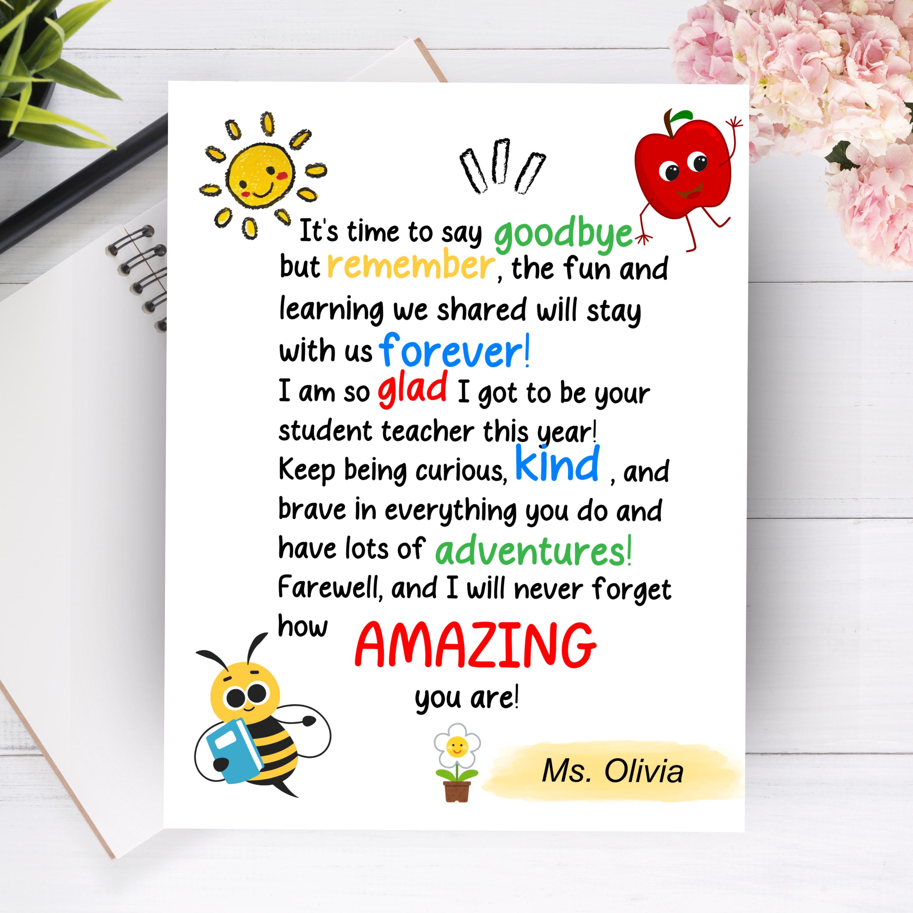 End of School Year Letter Printable, Student Teacher Goodbye Gift ...
