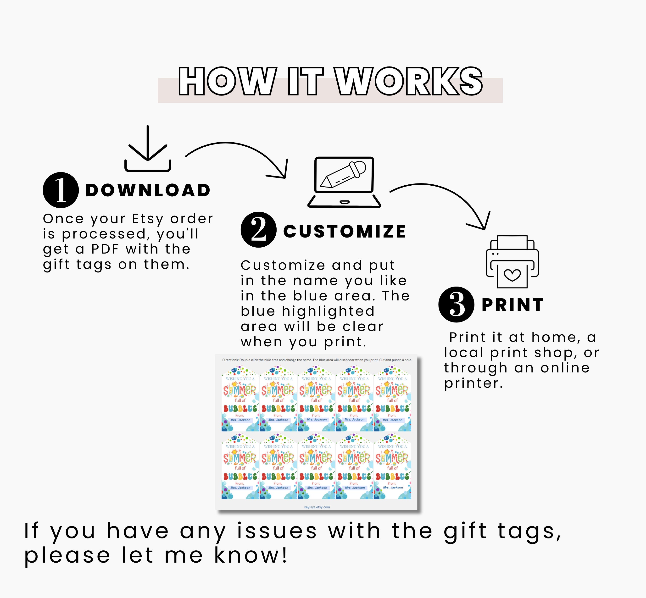 Fillable End of School Bubble Gift Tags Printable Summer Vacation End ...