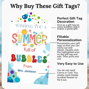 Fillable End of School Bubble Gift Tags Printable Summer Vacation End ...