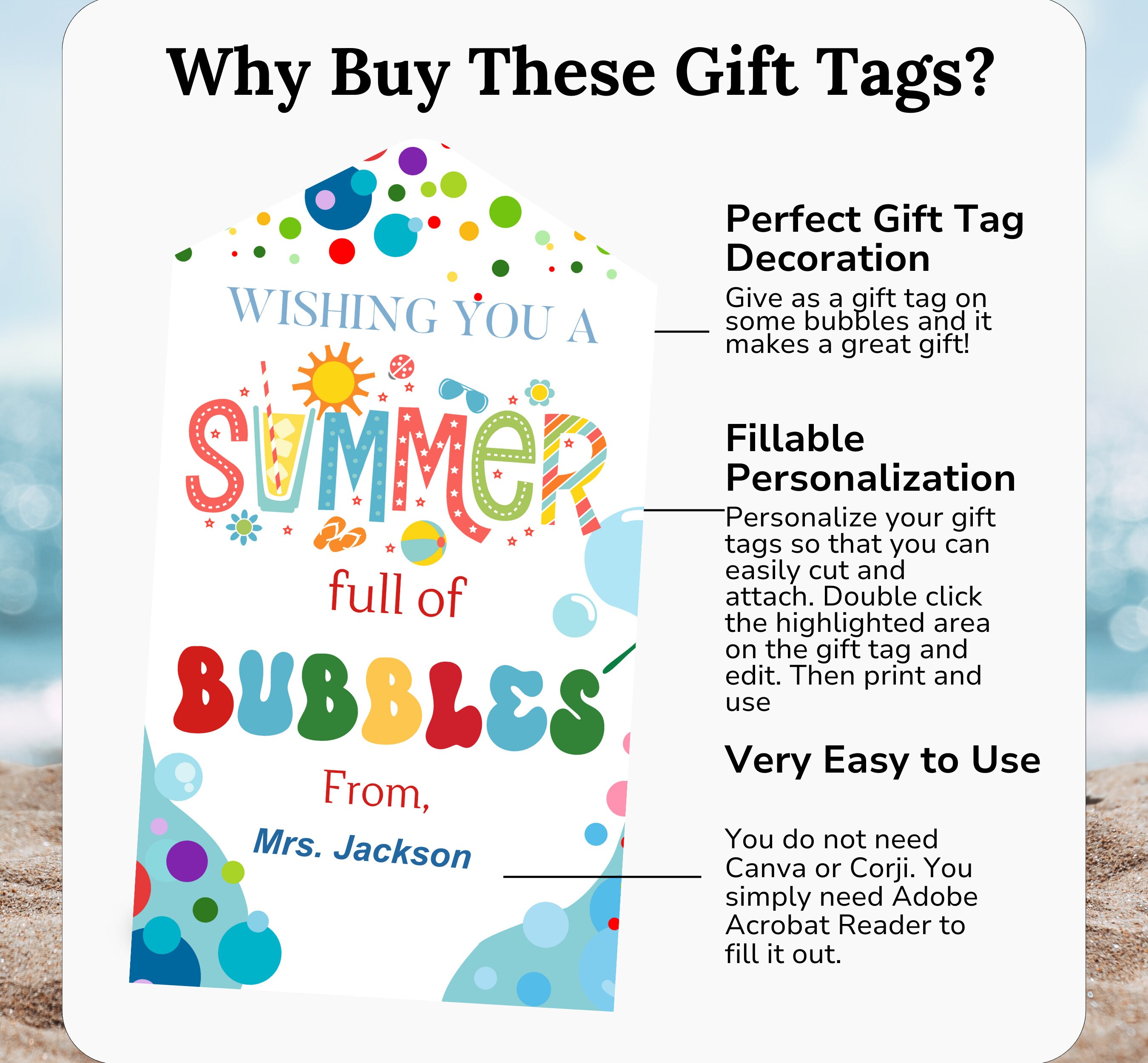Fillable End of School Bubble Gift Tags Printable Summer Vacation End ...