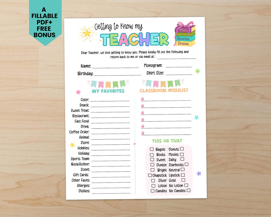 Get to Know Your Teacher Printable Survey, Favorite Things List, All ...