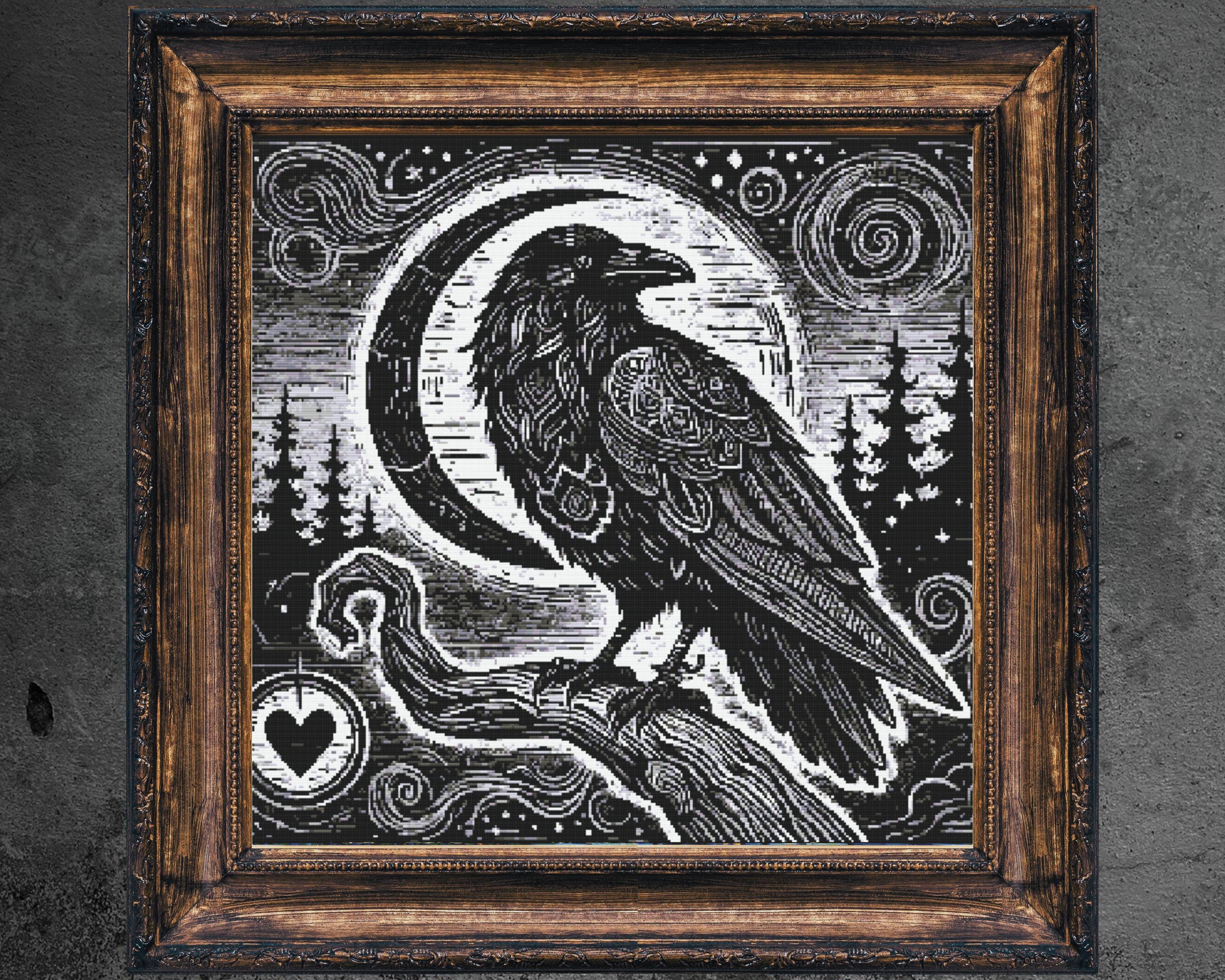 Woodcut Raven 2 Cross Stitch Pattern Halloween Horror Witchcraft Creepy ...