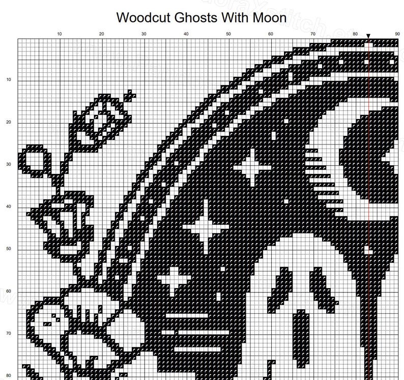Woodcut Ghosts With Moon Cross Stitch Pattern Halloween Black and White ...