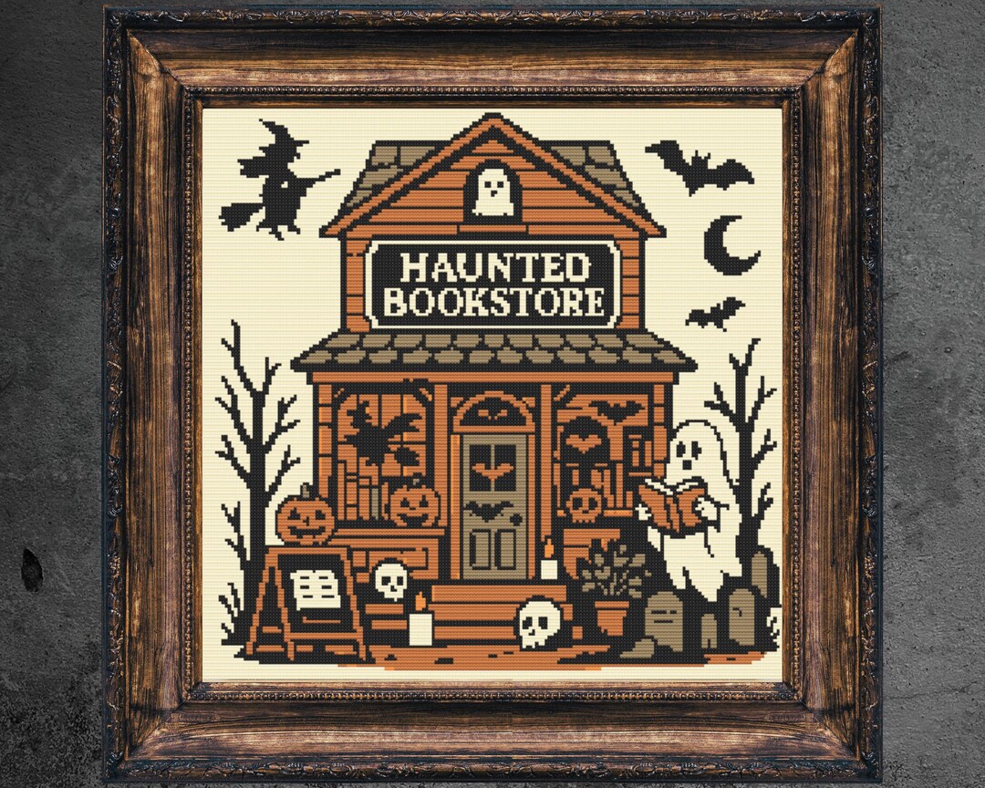 Haunted Bookstore Cross Stitch Pattern, Spooky Halloween Design (PDF ...