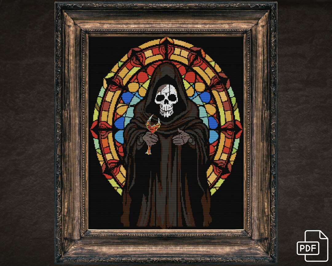 Stained Glass Reaper Cross Stitch Pattern, Halloween Gothic Horror ...