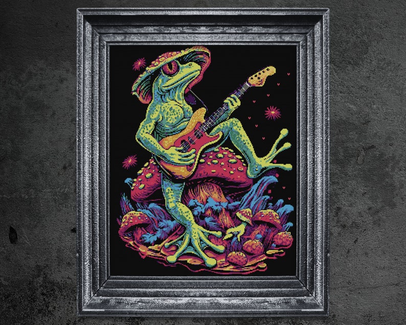 Trippy Frog With Mushroom Cross Stitch Pattern Modern Animal Watercolor ...