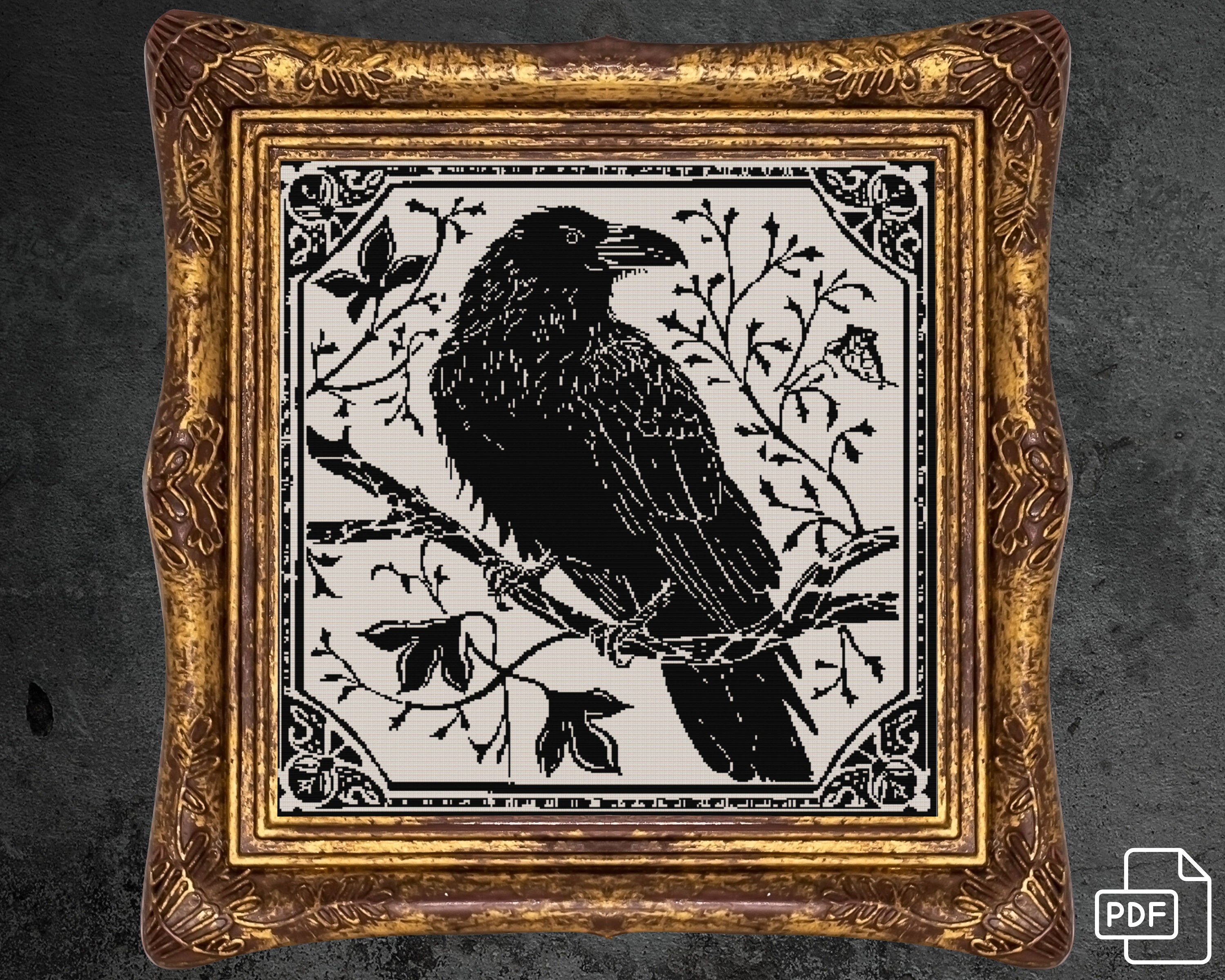 Gothic Woodcut Raven Cross Stitch Pattern Gift for Halloween Horror ...