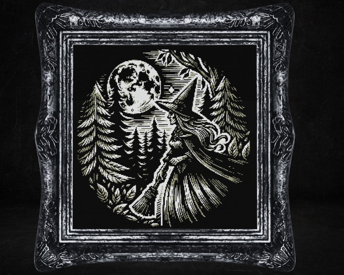 Woodcut Witch Cross Stitch Pattern Gift for Halloween Horror Woodcut Modern Creepy Spooky Dark ...