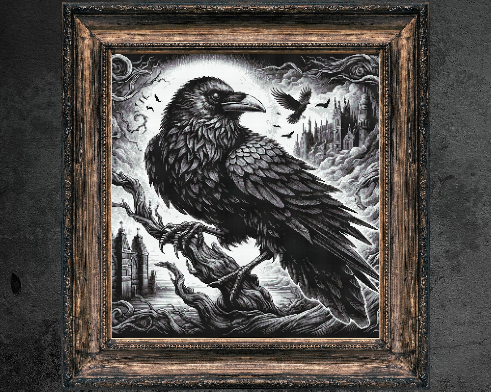 Woodcut Raven With Dracula's Castle Cross Stitch Pattern Halloween ...