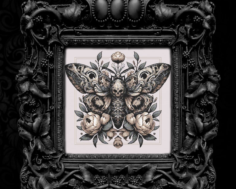 Floral Death Moth Cross Stitch Pattern, Gothic Halloween (PDF Pattern ...