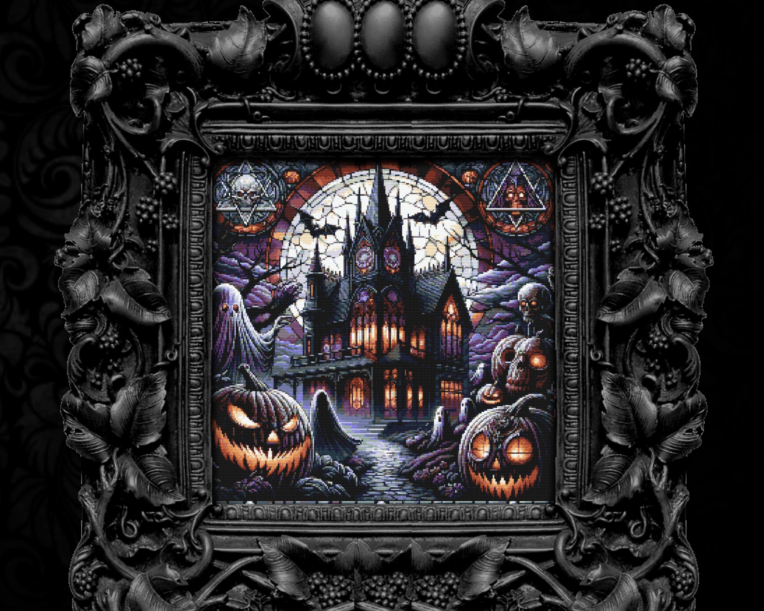 Stained Glass Haunted House With Ghosts Cross Stitch Pattern Halloween ...