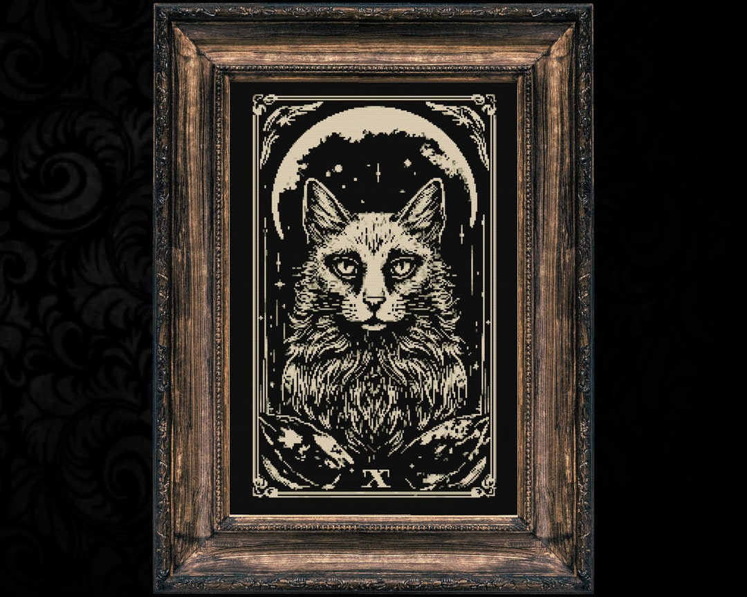 Woodcut Moon Cat Cross Stitch Pattern, Gothic Halloween (PDF Pattern ...