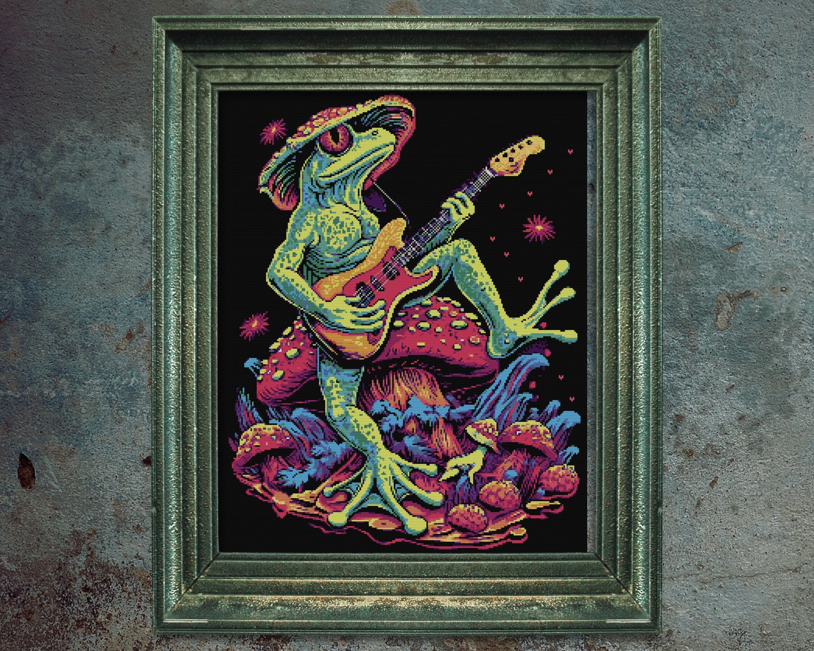 Trippy Frog With Mushroom Cross Stitch Pattern Modern Animal Watercolor ...