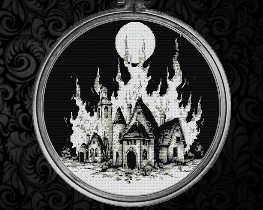 Woodcut Burning Village Cross Stitch Pattern Gift for Halloween Horror ...